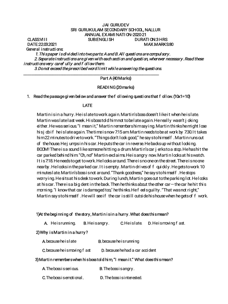 Class 8 Annual QP (2020-21) | PDF