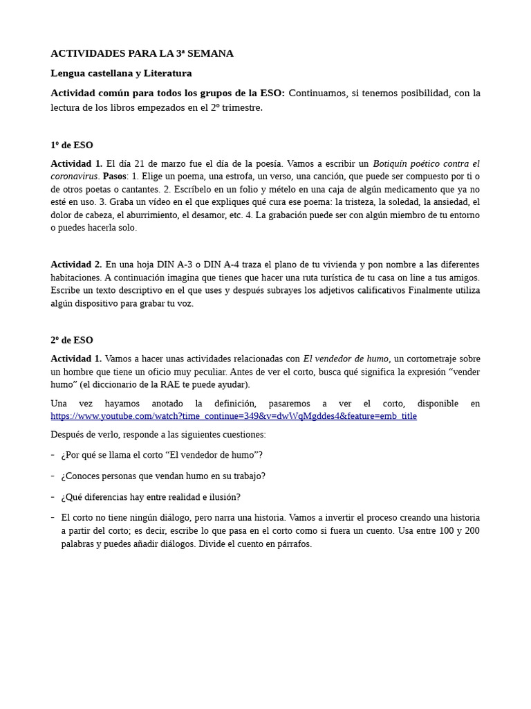 Deures Confinament Lengua Castellana y Literatura Setmana 3 | PDF | Poesía | Palabra