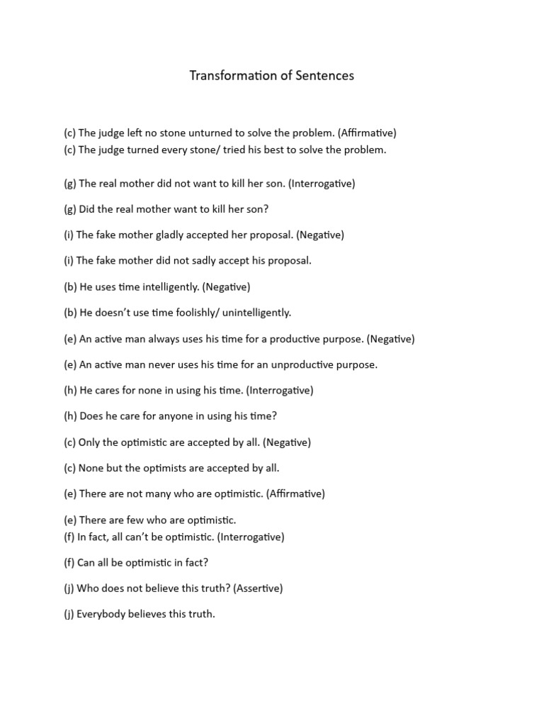 Transformation of Sentences affirmative and negative | PDF