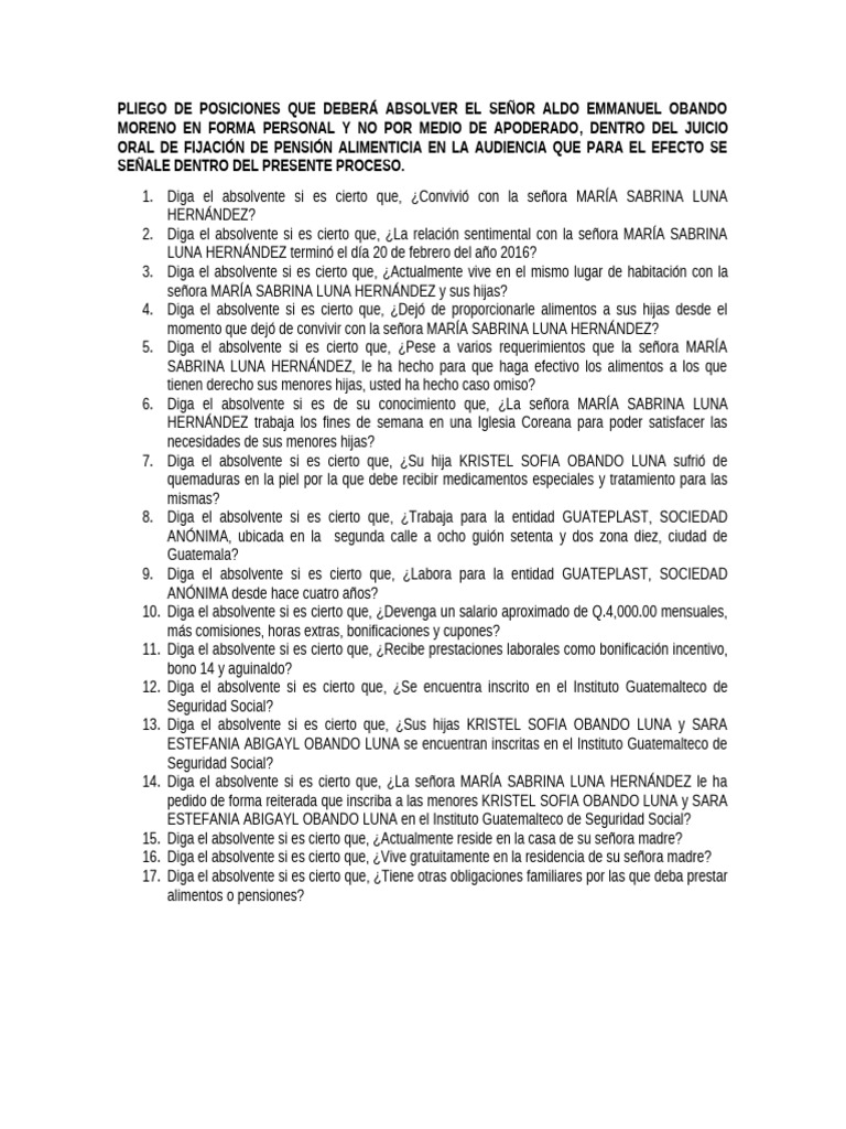 Pliego de Posiciones JUICIO ORAL DE ALIMENTOS SABRINA HERNÁNDEZ | PDF