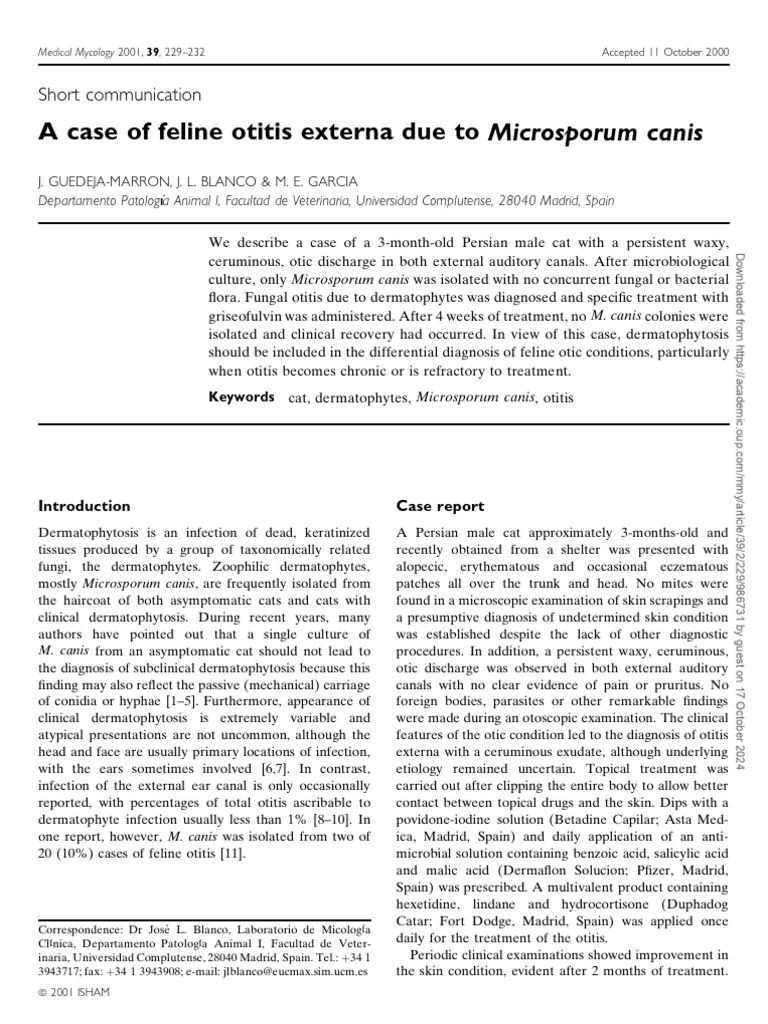 A Case of Feline Otitis Externa Due To: Microsporum Canis | PDF ...