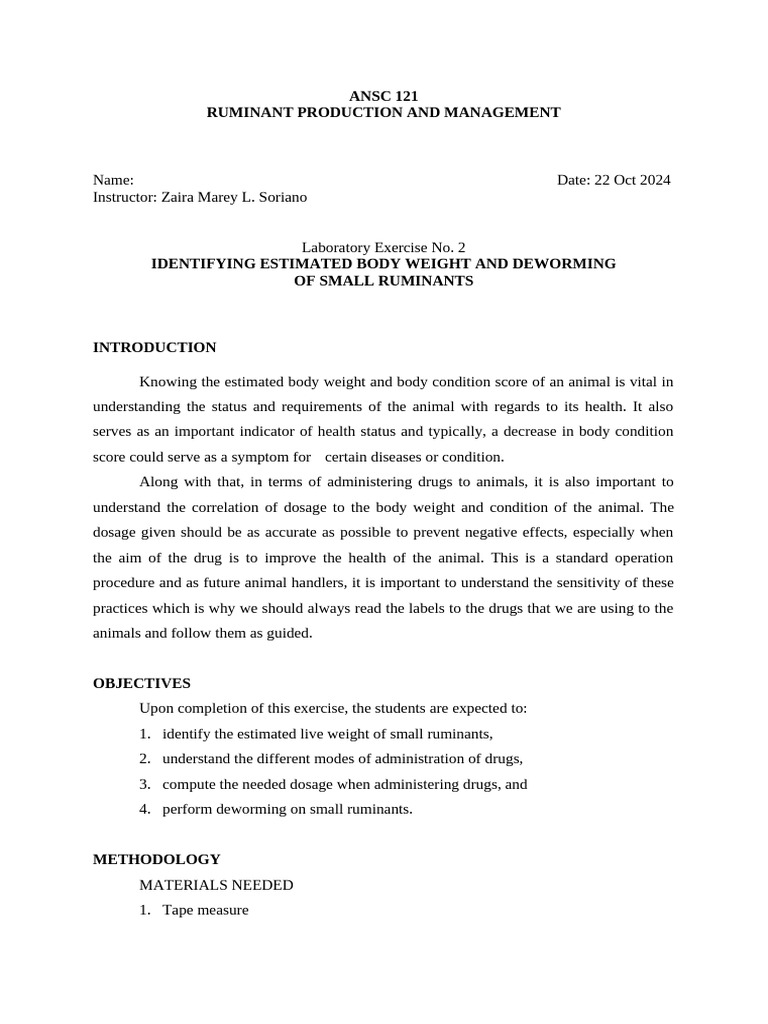 Laboratory-Exercise-2 - Ruminant Production | PDF | Dose (Biochemistry ...