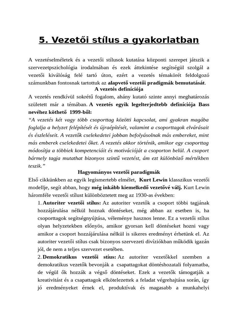 Óra Vezetői Stílus A Gyakorlatban | PDF