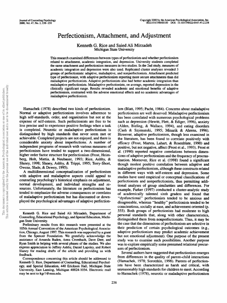 Rice 2000 | PDF | Perfectionism (Psychology) | Attachment Theory