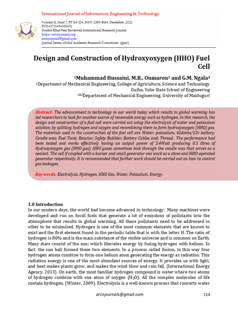 HHO Fuel Cell Design and Construction | PDF | Fuel Cell | Hydrogen