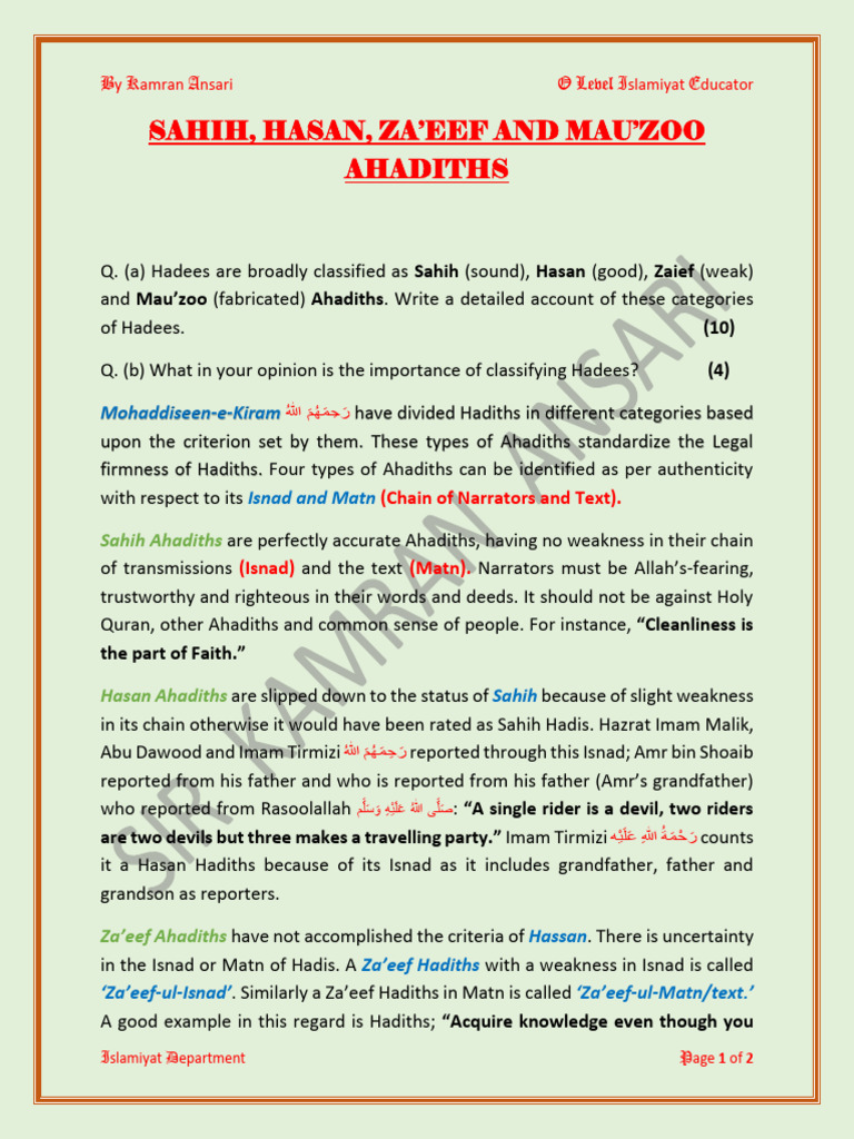 Classification of Hadiths-1 | PDF | Religion & Spirituality