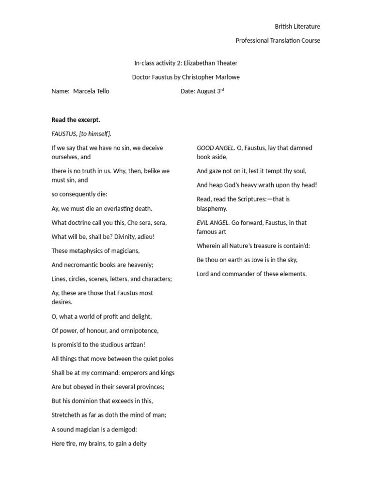 Marlowe - Elizabethan Theater - In-Class Activity 2 - Marcela Tello | PDF | Faust | Religious ...