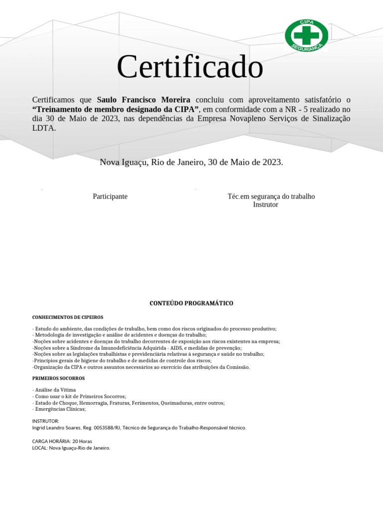 Certificado Curso DESIGNADO DE CIPA | PDF