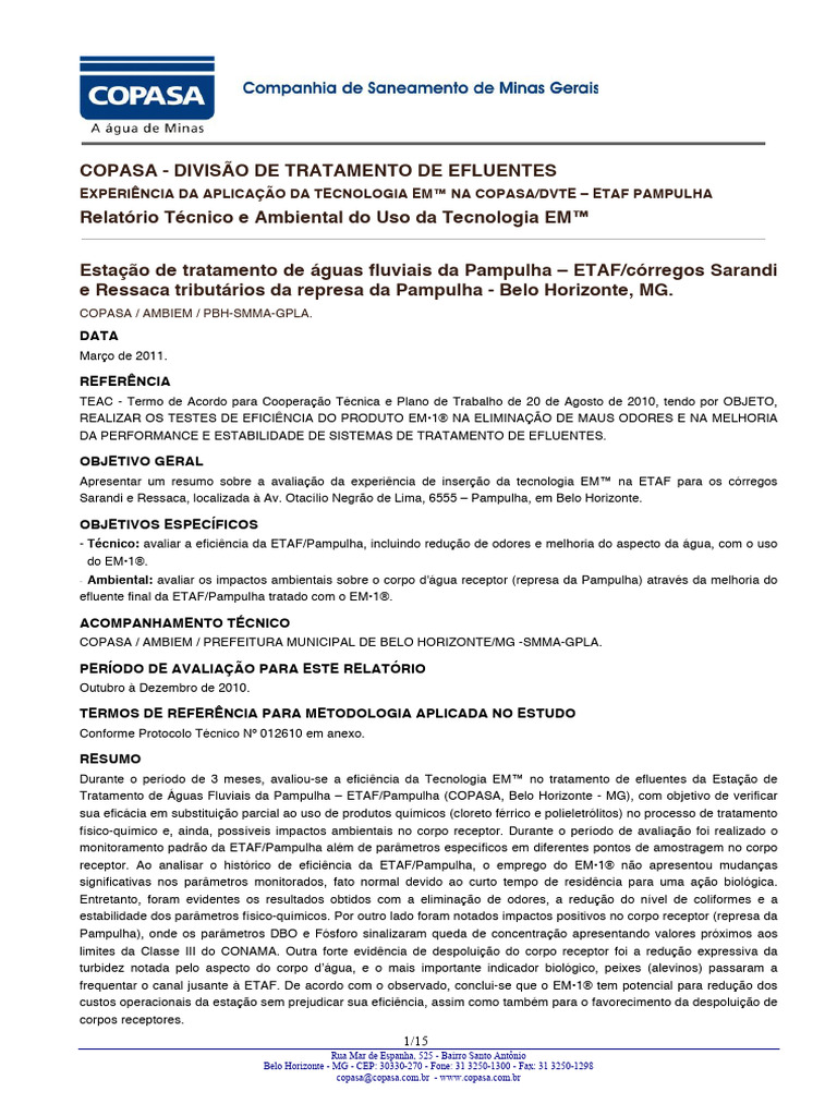 Relatorio COPASA ETAF PAMPULHA | PDF | Águas residuais | Qualidade da água