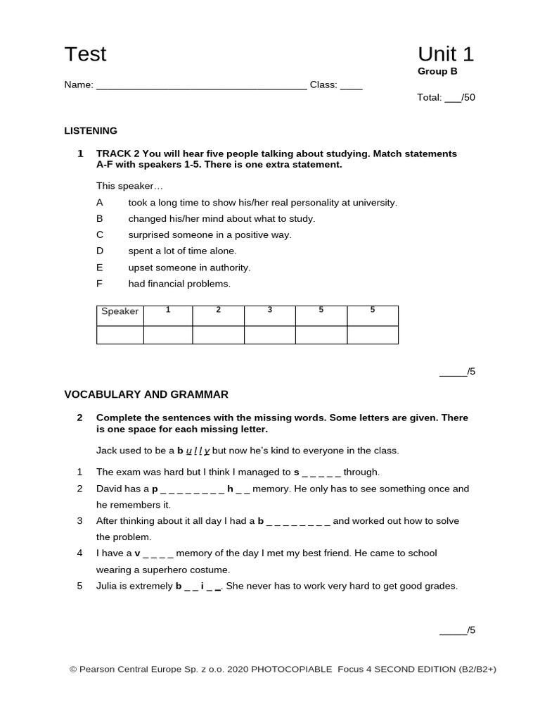 Focus 4 Unit 1 Test Group B | PDF | Teachers
