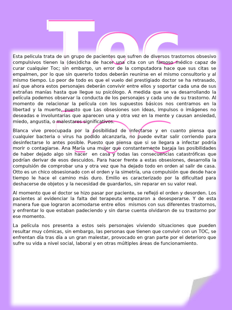 Comedia sobre TOC y convivencia | PDF | Desorden obsesivo compulsivo | Ciencias del comportamiento