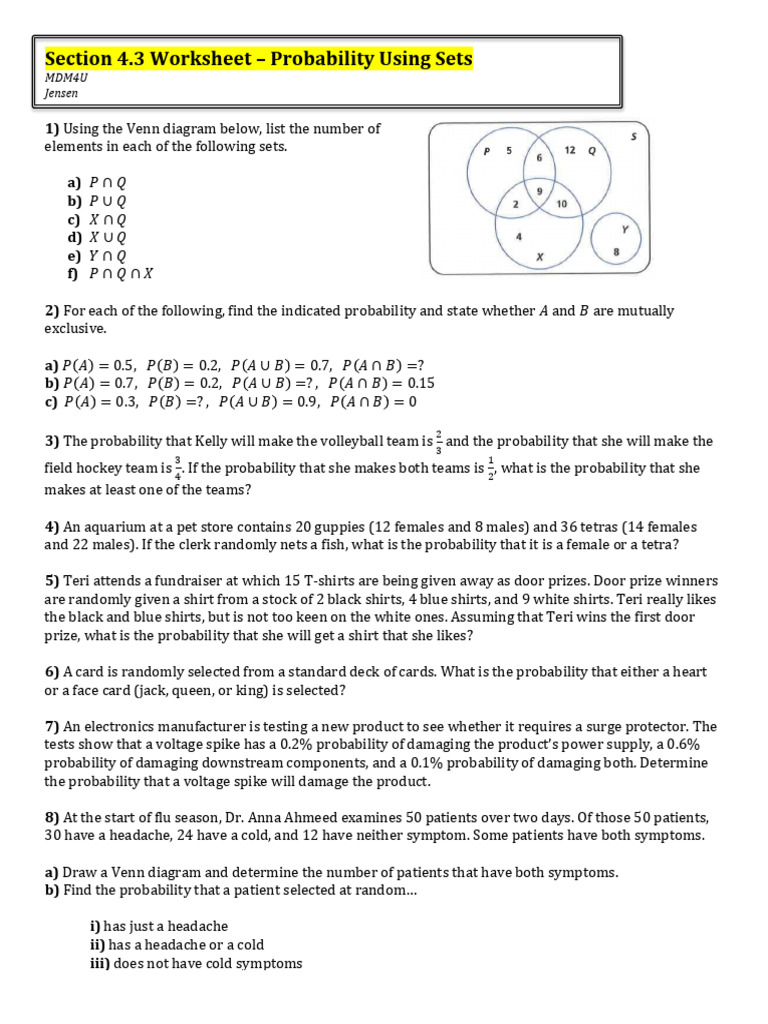 Section 4.3 Worksheet - Probability Using Sets: Mdm4U Jensen | PDF