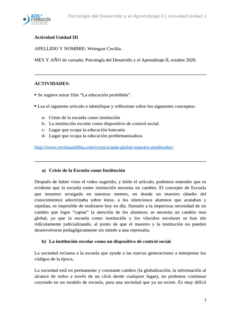 Weingast Cecilia - Trabajo Semanal Clase 3 - Psicología Del Desarrollo y Del Aprendizaje 2 ...