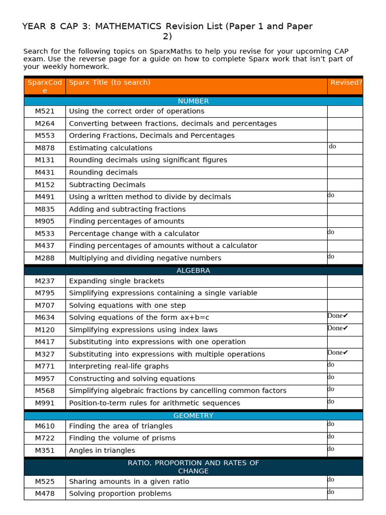 YEAR 8 Maths Revision List | PDF | Percentage | Decimal
