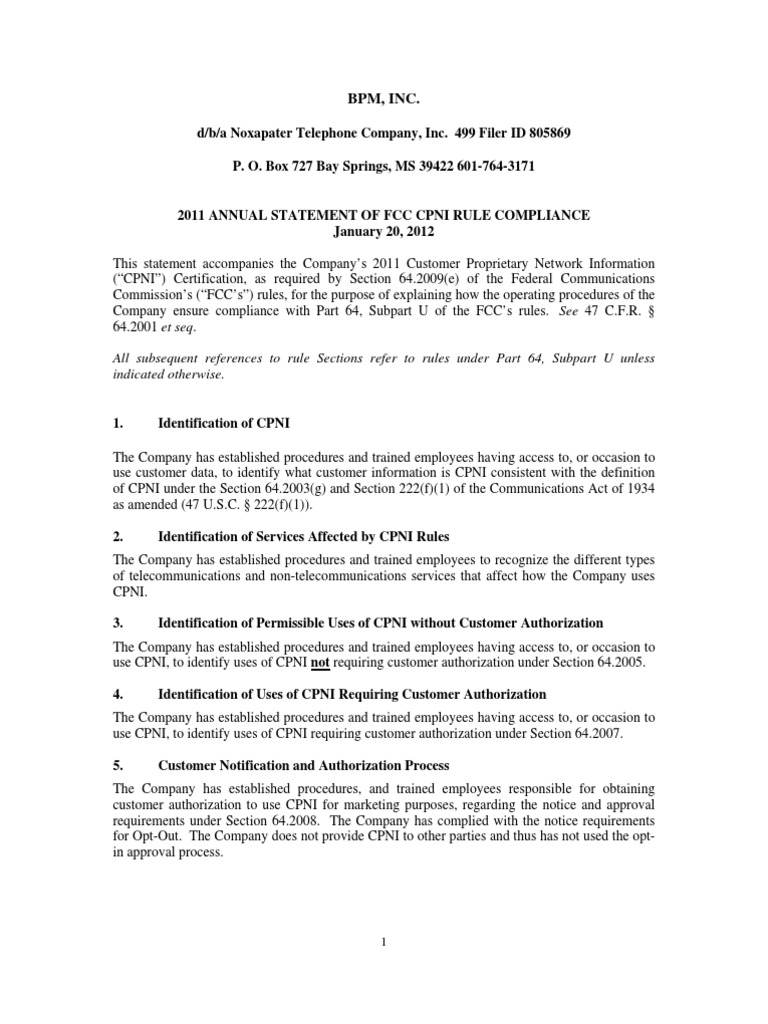Noxapater CPNI Statement | PDF | Federal Communications Commission ...