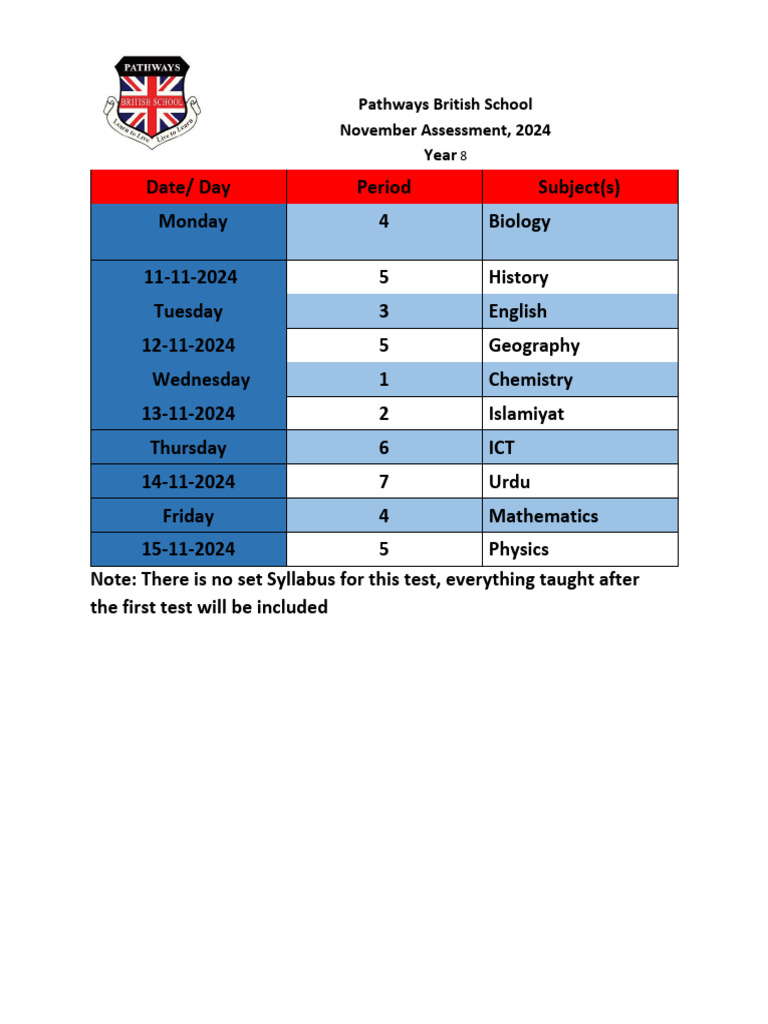 Pathways British School-November Assessment, 2024 Year 8 (Final) | PDF