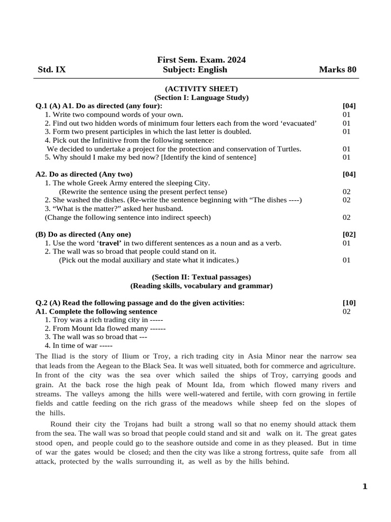 9th Std. First Semister 2024 IX Question Paper | PDF | Verb | Linguistics