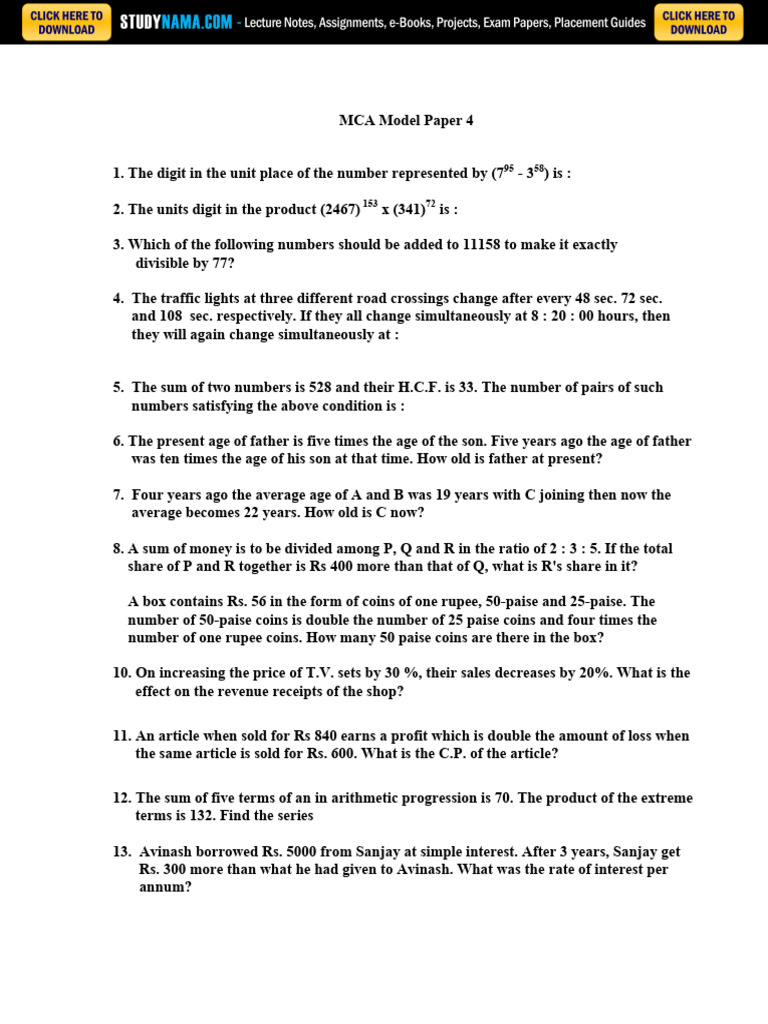 TANCET MCA Entrance Solved Mock Question Paper | PDF | Random Access ...