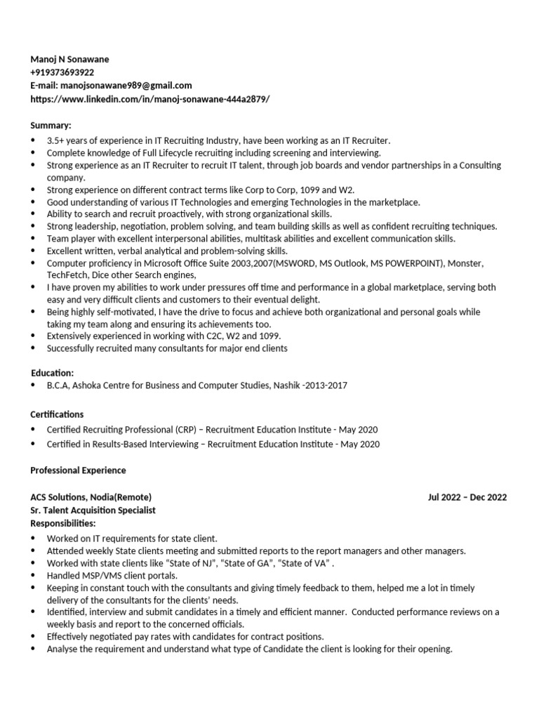 Manoj_Resume | PDF | Recruitment | Résumé
