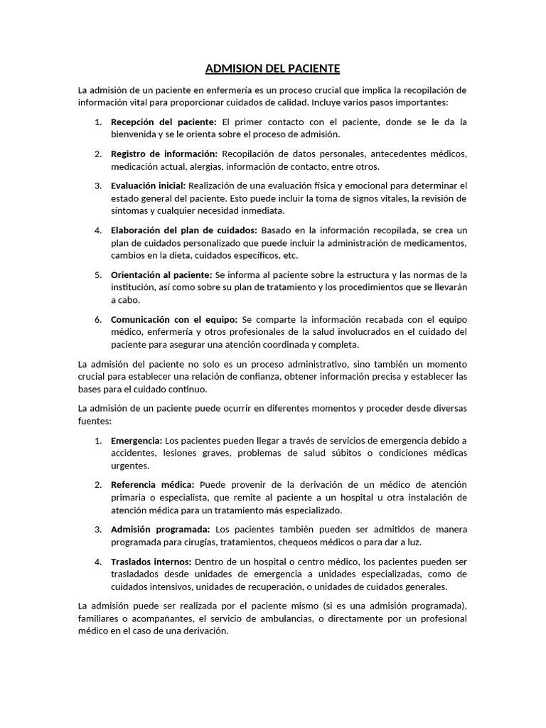 ADMISION DEL PACIENTE en Enfermería | PDF | Hospital | Ciencias de la Salud