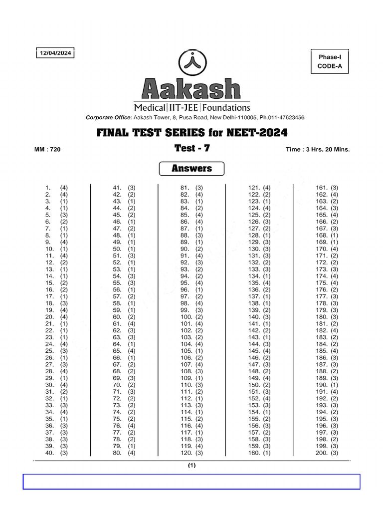 FTS 7 CODE A Viju RM+OYM ANS @CET - JEE - NEET | PDF | Business | Lifestyle