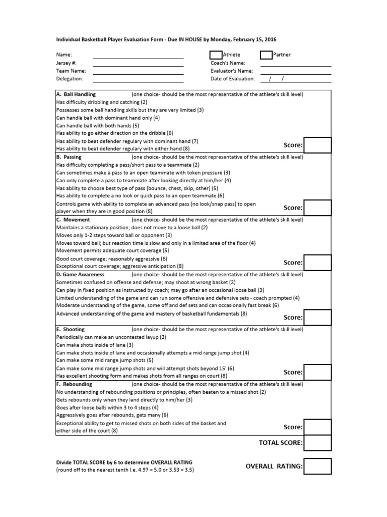 Basketball Player Evaluation Form | PDF | Ball Games | Team Sports