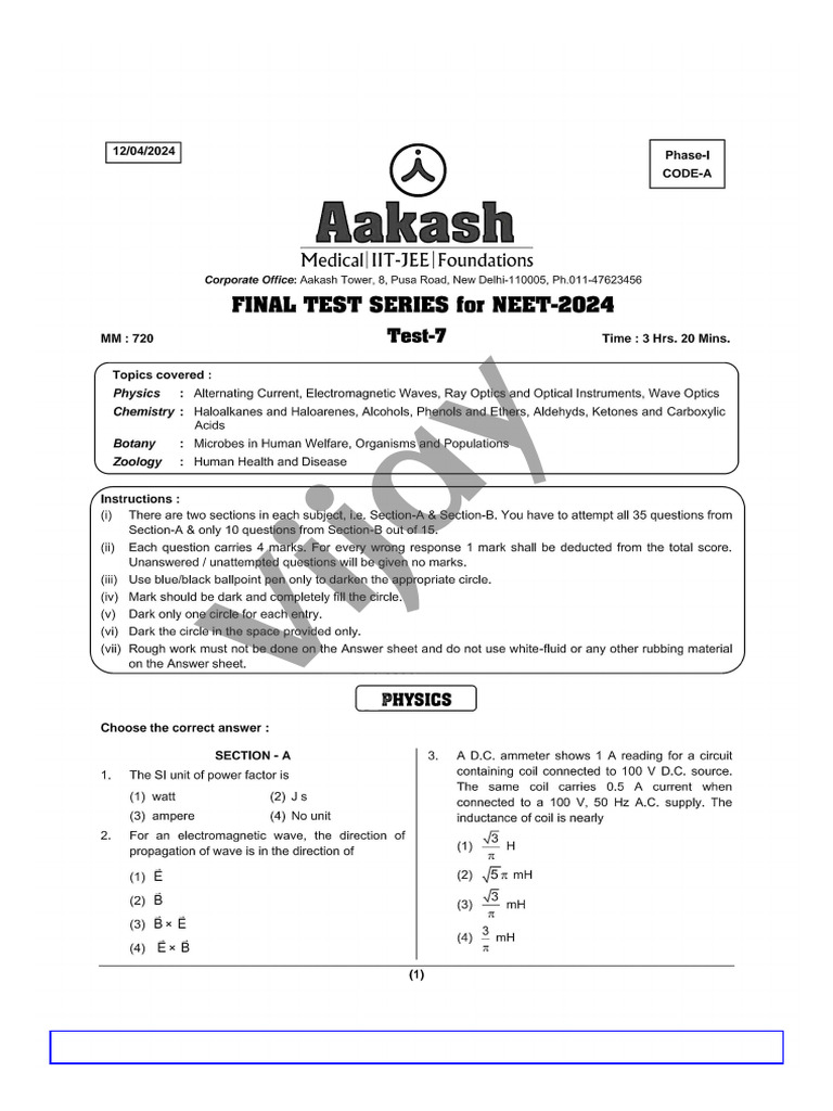 FTS 7 CODE A Viju RM+OYM QUE @CET - JEE - NEET | PDF