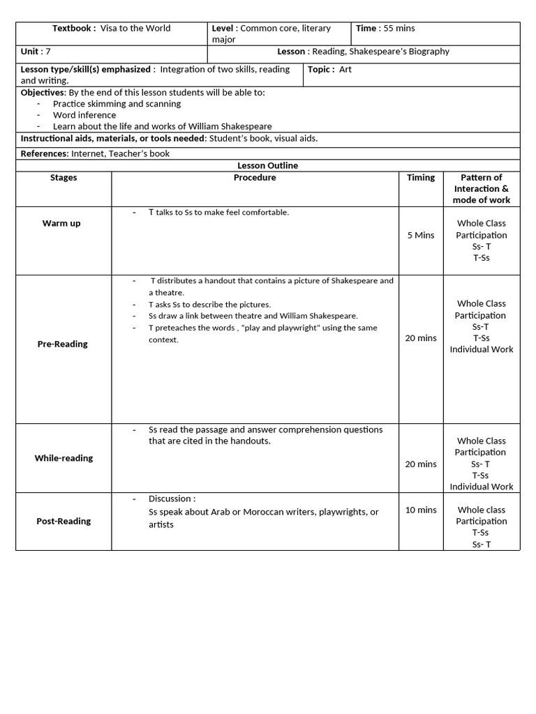 Lesson Plan, Reading, Shakespeare. | PDF | Reading Comprehension | Writing