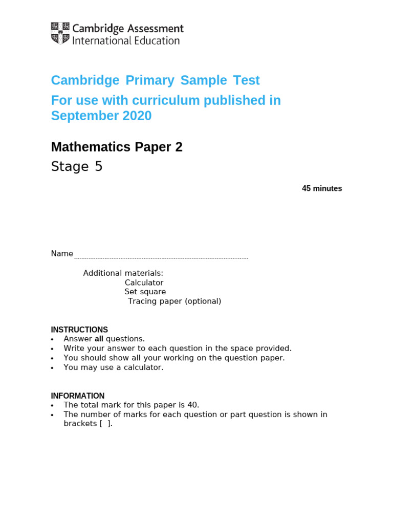 Mathematics Stage 5 Sample Paper 2 - tcm142-595000 | PDF | Mathematics