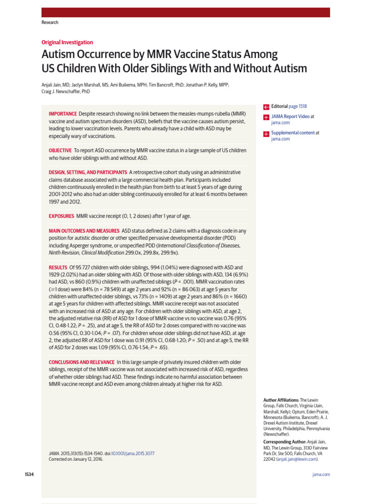 Autism by MMR Vaccine Status Among US Children JAMA 2015 | PDF | Autism ...