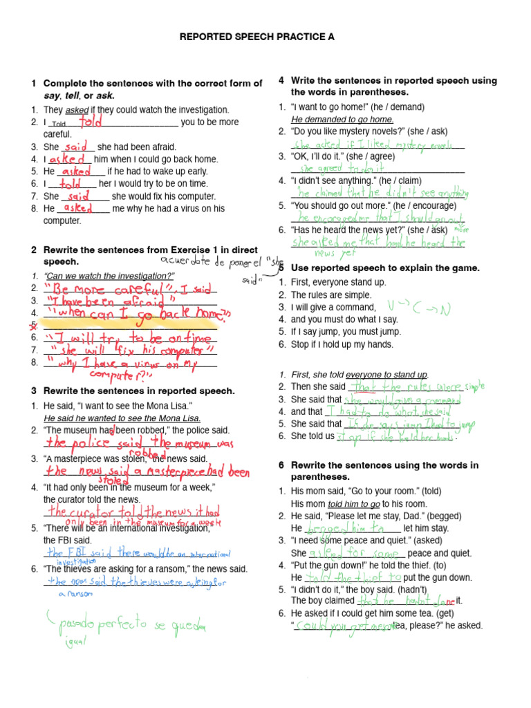 Reported Speech Practice 9th | PDF | Language Arts & Discipline ...