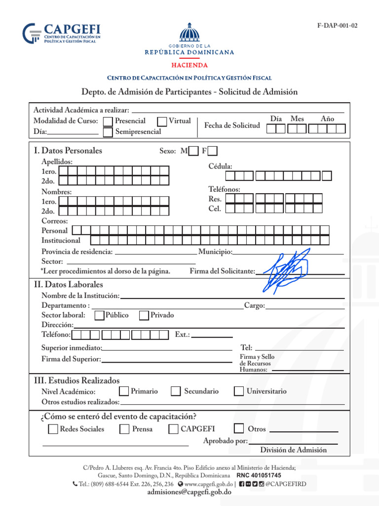 Capfegi Formulario Solicitud de Admisión Ing - Francisco Mora Intrant | PDF