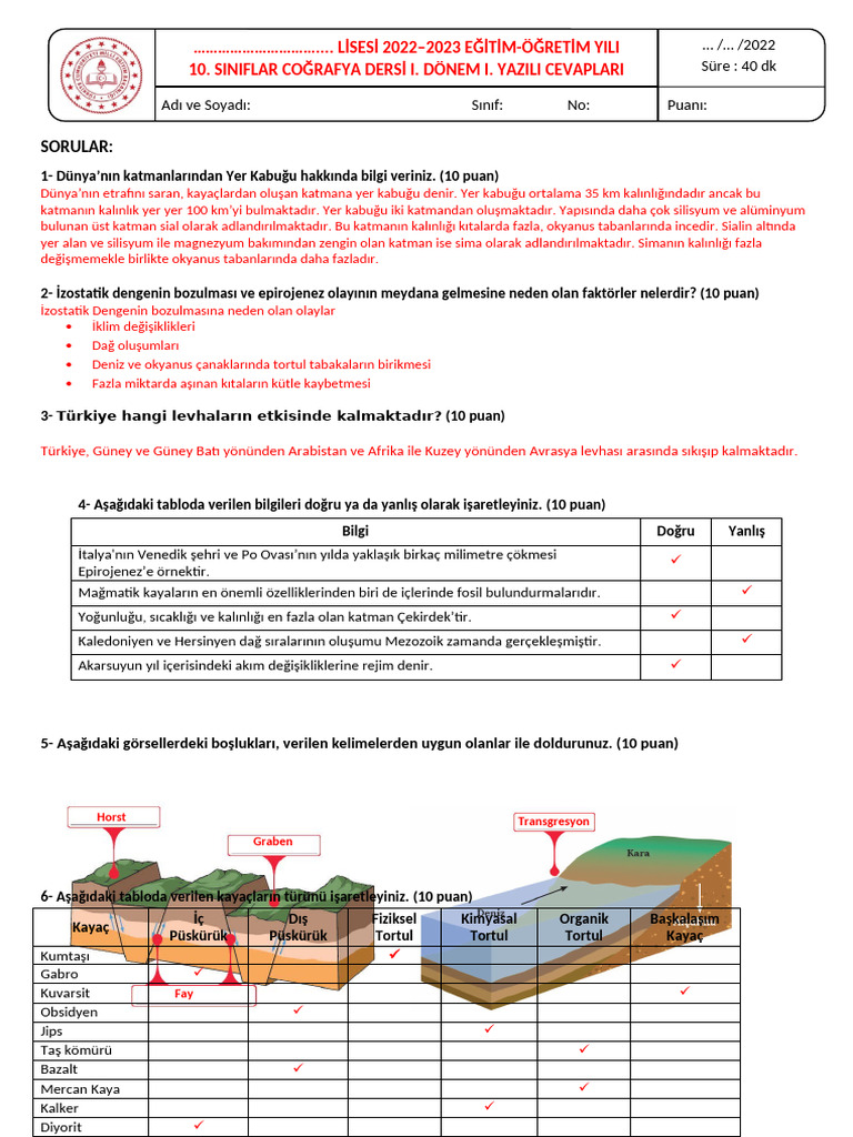 10 Sinif 1 Donem 1 Yazili Cevap Anahtari 2023 | PDF