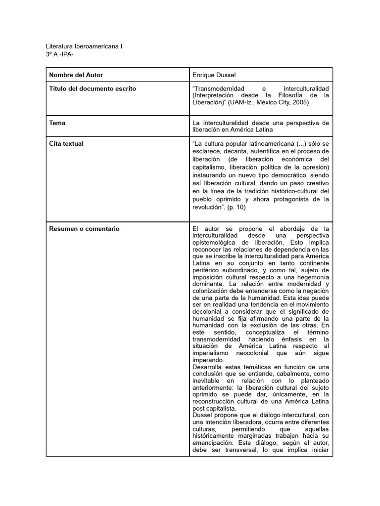 Ficha Mixta Dussel 3ºA Literatura - IPA | PDF | Poscolonialismo ...