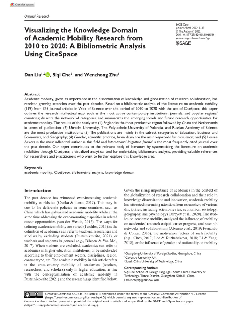 Liu Et Al 2022 Visualizing The Knowledge Domain of Academic Mobility Research From 2010 To 2020 ...
