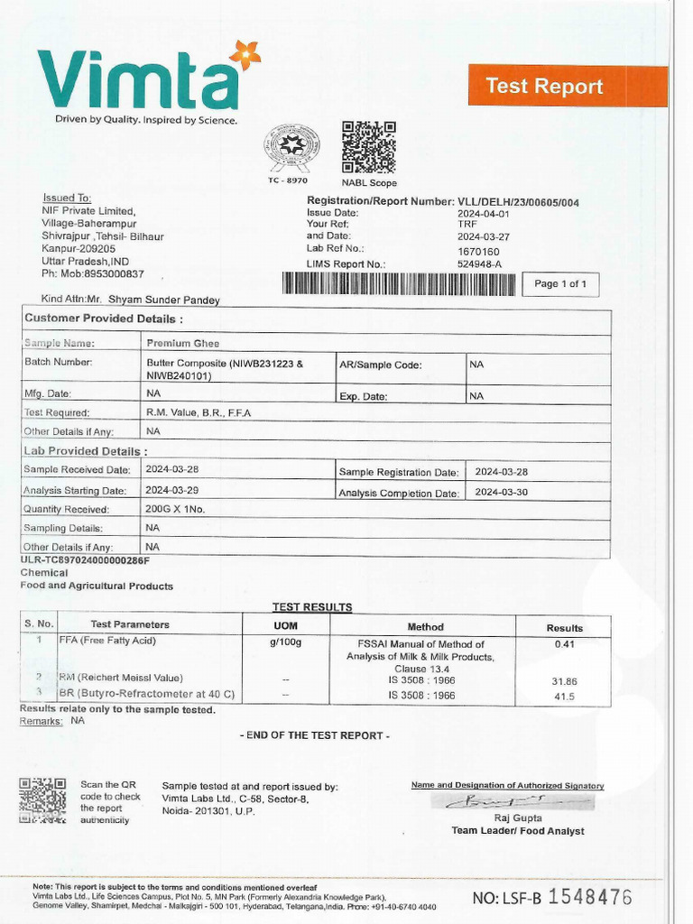 Namaste India Premium Desi Ghee RM Report | PDF