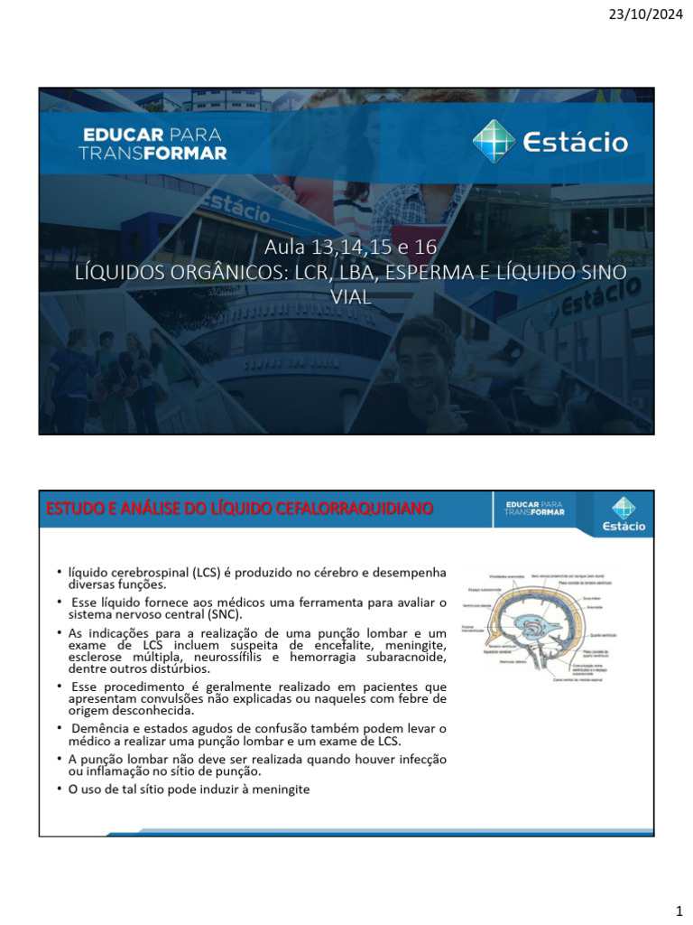 Aulas 13 14 15 e 16 L QUIDOS ORG NICOS LCR LBA ESPERMA E LS 2024-2 | PDF | Líquido ...