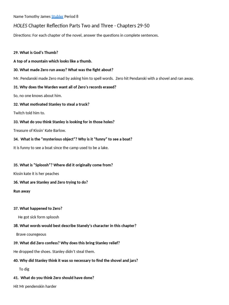 Holes Chapter Reflection Sheet Parts 2 and 3 2023 | PDF | Mystery, Thriller & Crime Fiction ...