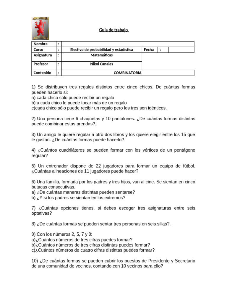 Guía de Combinatoria N°2 | PDF | Combinatoria