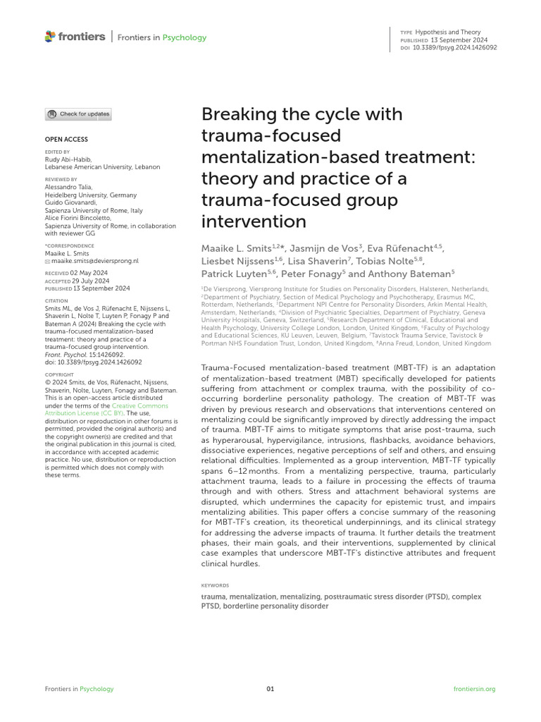 Breaking The Cycle With Trauma-Focused Mentalization-Based Treatment - Theory and Practice of A ...