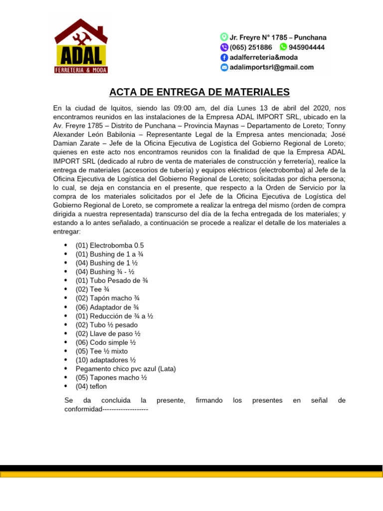 Acta de Entrega Del Gorel | PDF