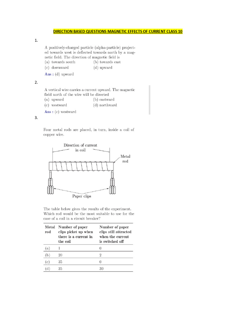 Direction Based Questions Magnetic Effects of Current Class 10 | PDF