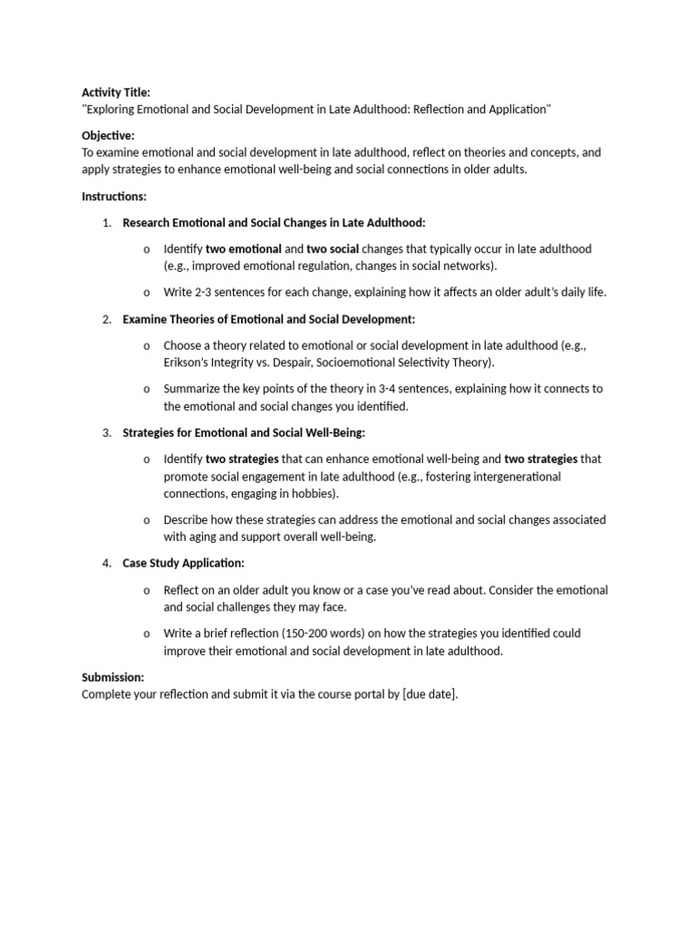 Emotional Development in Late Adulthood Activity | PDF | Career ...