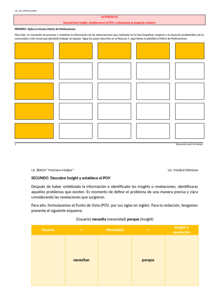 Actividad de Insight y POV en Educación | PDF