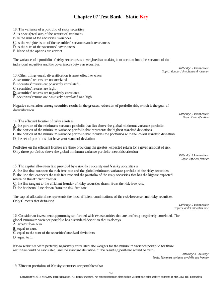Chapter 07 Test Bank - Extract | PDF | Modern Portfolio Theory ...