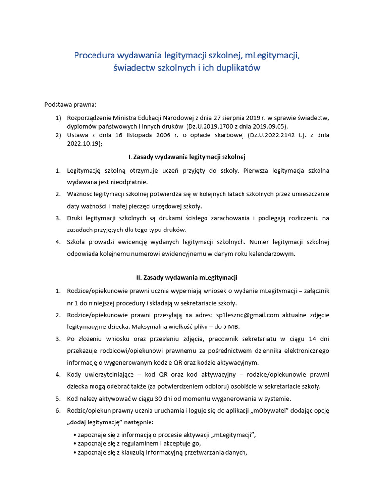 Procedura Wydawania Legitymacji Szkolnej-Calosc | PDF