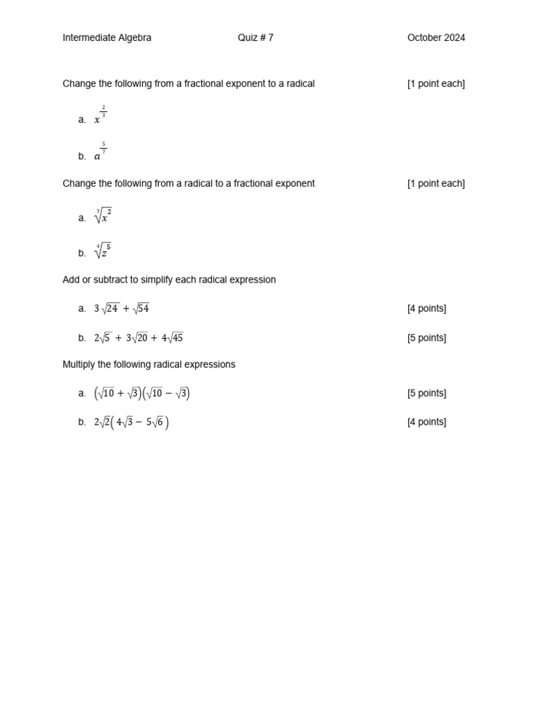 Intermediate Algebra Quiz on Exponents and Radicals | PDF