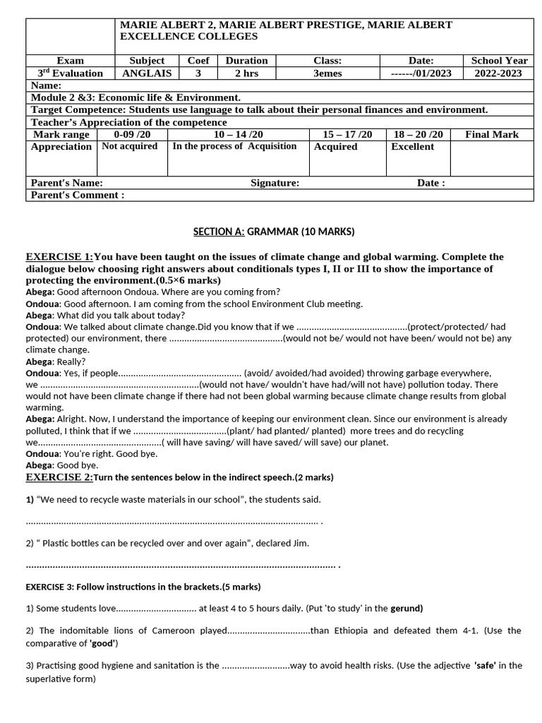 3rd Evaluation Anglais 3eme | PDF | Water | Recycling