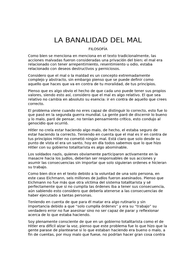 Reflexiones sobre la Banalidad del Mal | PDF | Mal | Hannah Arendt