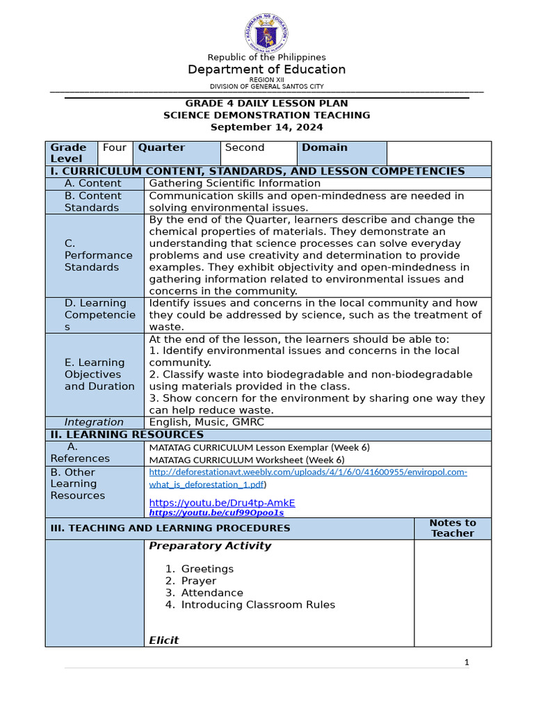 Grade 4 Science Lesson Plan on Waste | PDF | Learning | Curriculum